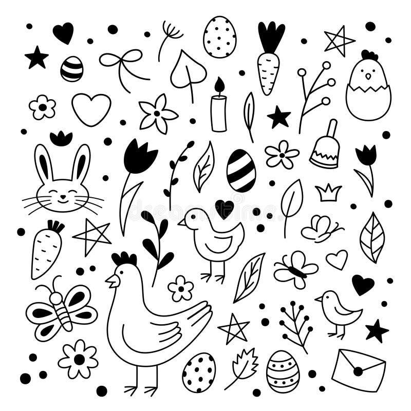 Happy Easter Doodle Set. Vector Cute Characters and Design Elements ...