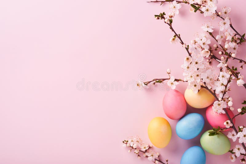 Happy Easter. Dyed Easter Eggs on Rustic Table with Cherry Blossom Tree ...