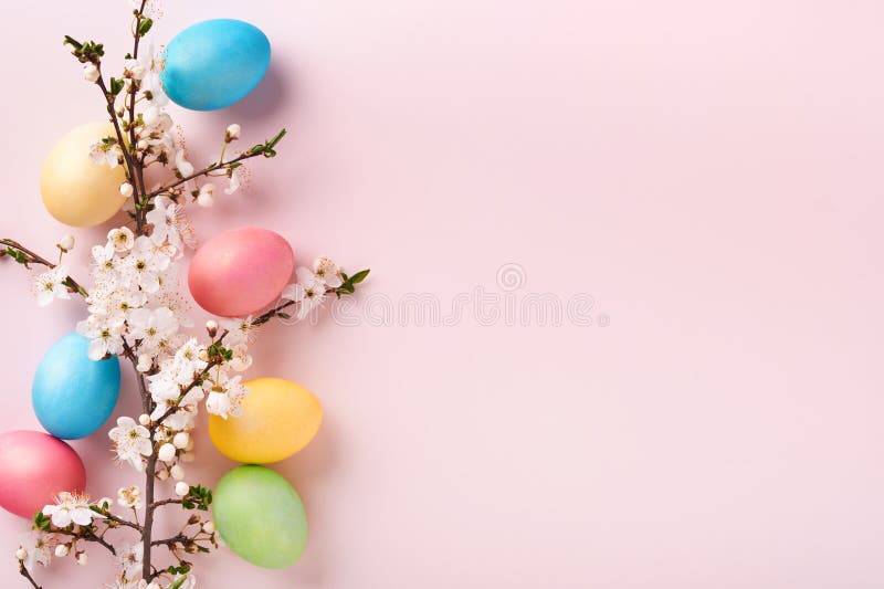 Happy Easter. Dyed Easter Eggs on Rustic Table with Cherry Blossom Tree ...