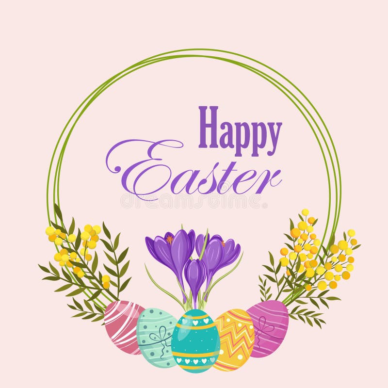 Happy Easter Early Spring Wreath Flowers Bucket with Eggs. Easter ...