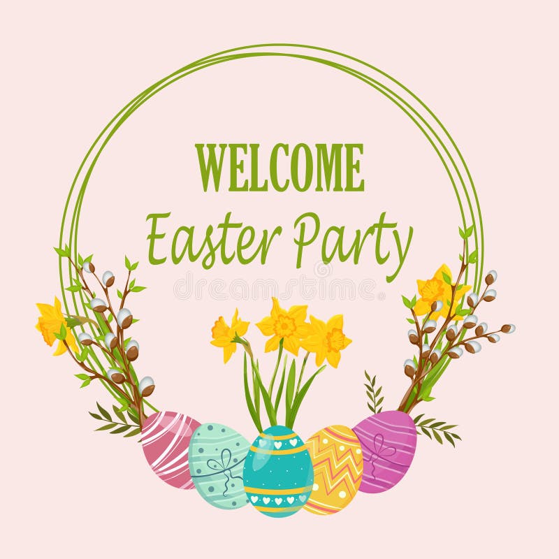 Happy Easter Early Spring Wreath Flowers Bucket with Eggs. Easter ...