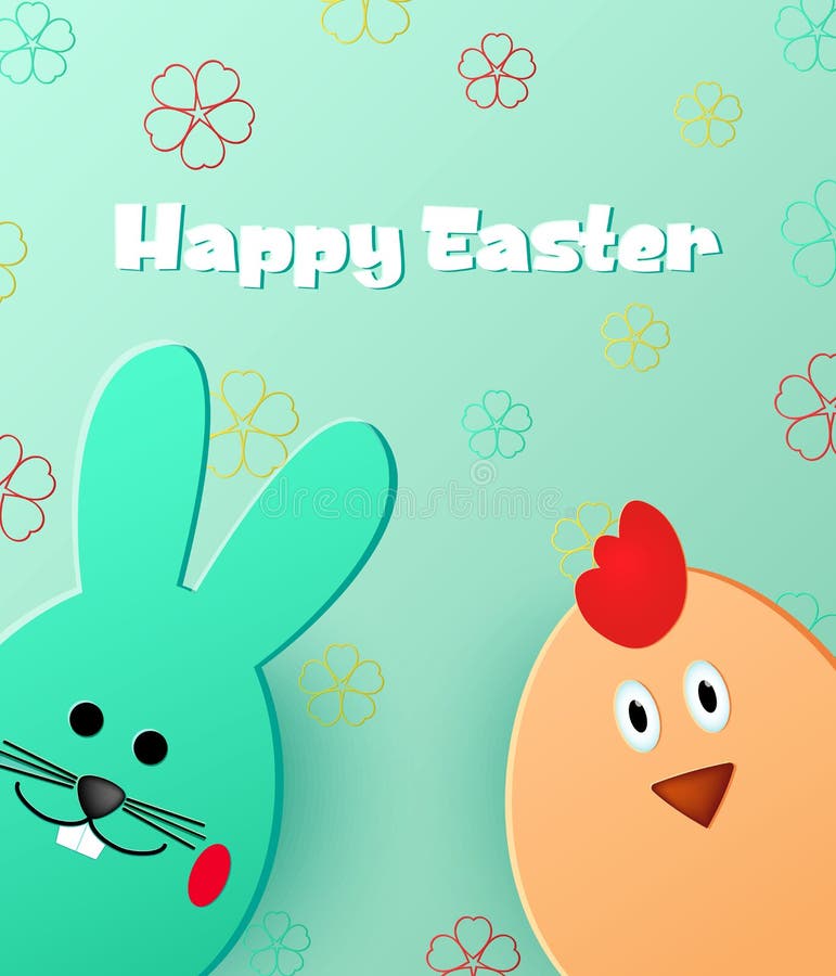 Happy Easter. Easter Bunny and Chick Looking at the Green Background ...