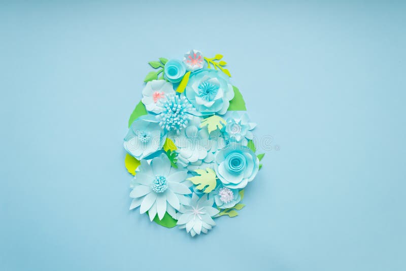 Easter Egg Made of Paper Flowers on Blue Background. Cut from Paper ...