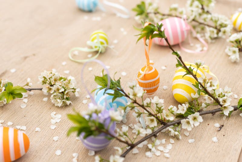 Happy Easter. Easter Eggs on Rustic Table with Cherry Blossoms. Natural ...