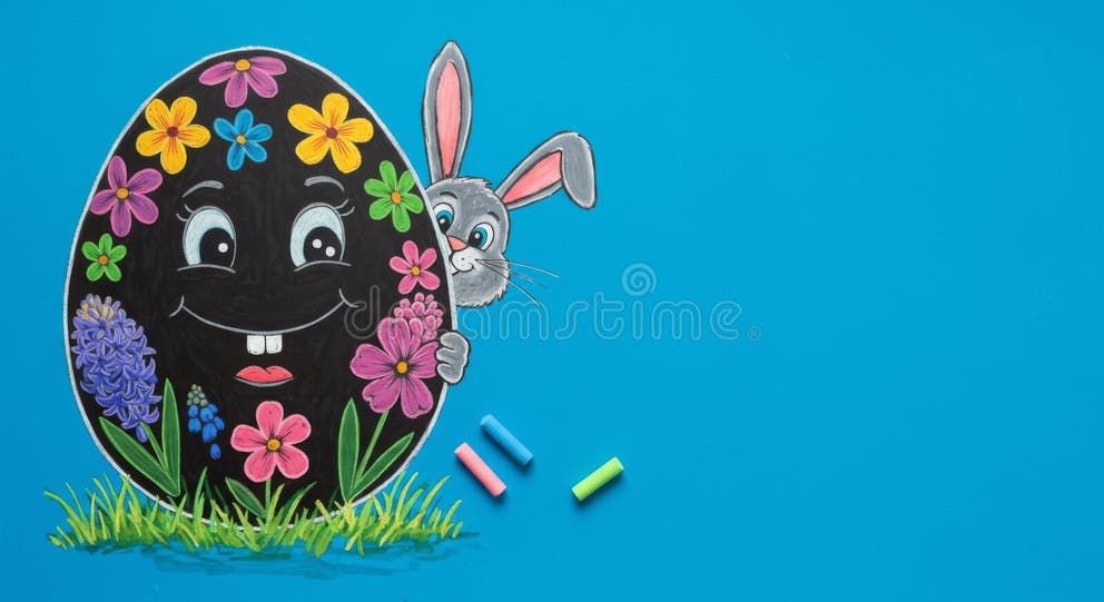 Happy Easter Egg with Bunny Drawing Chalk Art Stock Illustration ...