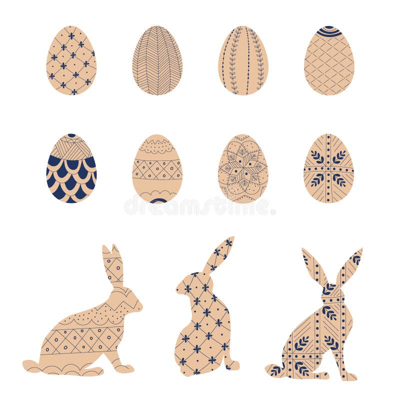 Happy Easter Egg and Bunny Set. Painted Eggs and Rabits Stock Vector ...