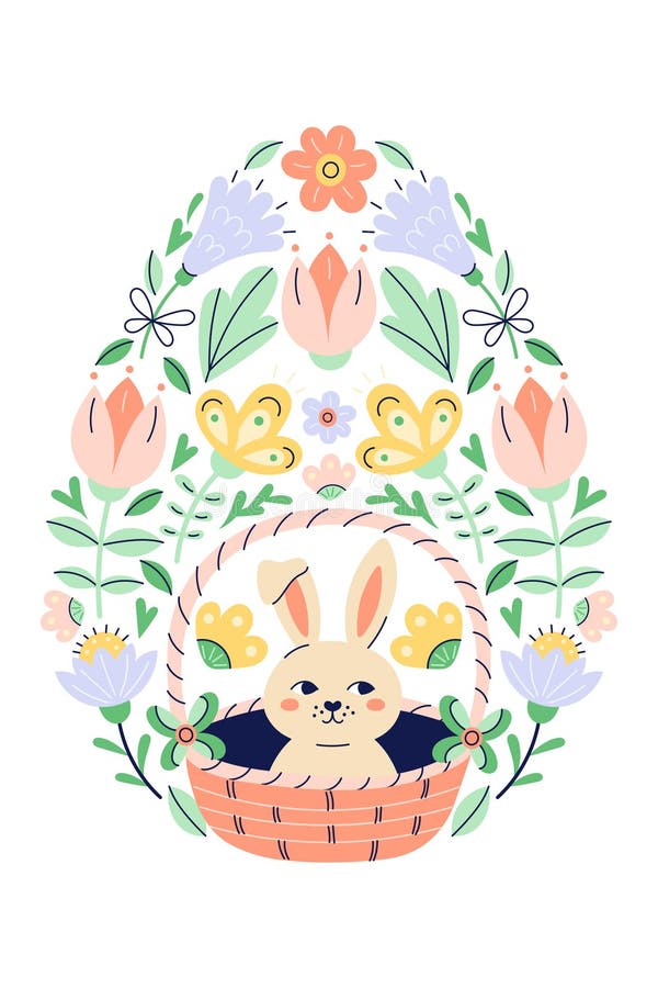 Happy Easter Egg Shape Pattern with Bunny and Flowers. Greeting Hand ...