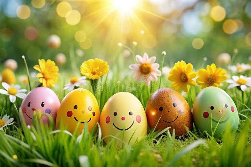 Happy Easter Eggs in Grass with Flowers Stock Illustration ...
