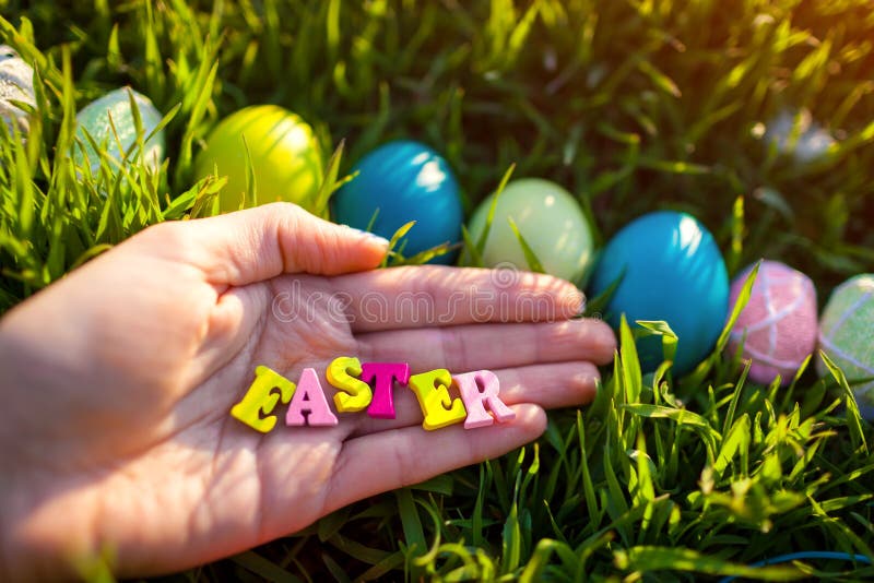 Happy Easter. Easter Eggs Hidden in Spring Grass. Writing Made of ...