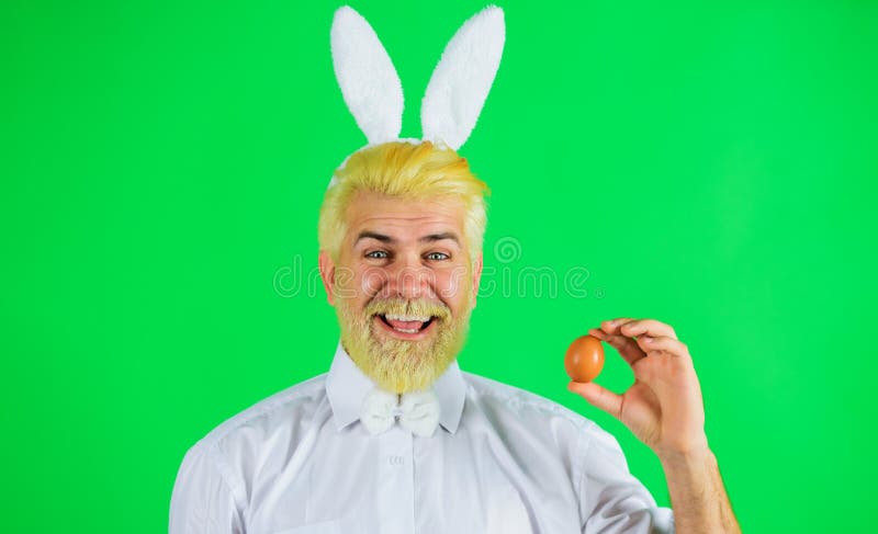 Happy Easter. Eggs Hunt. Bearded Man with Egg. Bunny Guy. Preparation ...