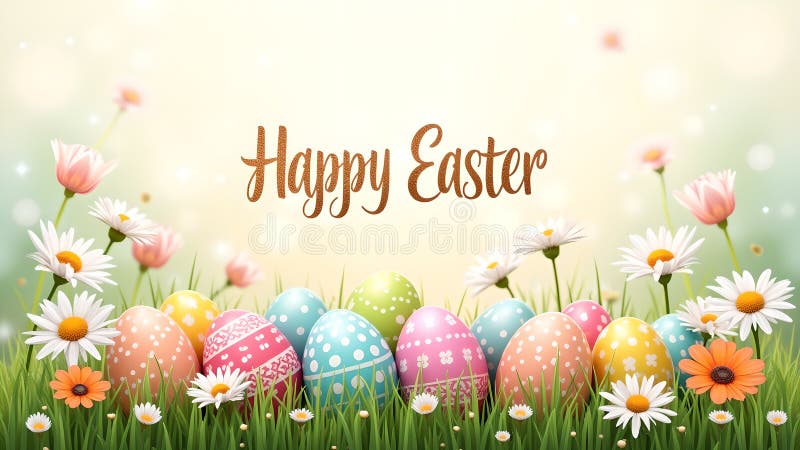 Happy Easter Eggs in a Meadow. Spring Flowers and Easter Greeting Stock ...