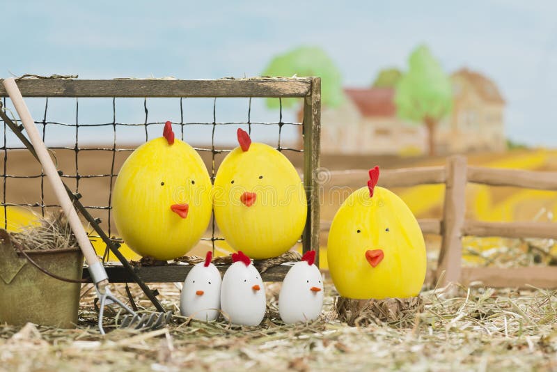 Happy Easter Egg Chickens on a Farm Stock Photo - Image of family ...