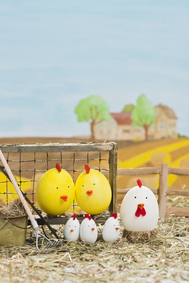 Happy Easter Egg Chickens on a Farm Stock Photo - Image of yellow ...