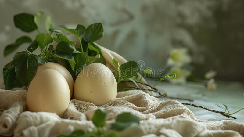 Happy Easter! Easter Eggs on Rustic Table with Green Leaves. Natural ...