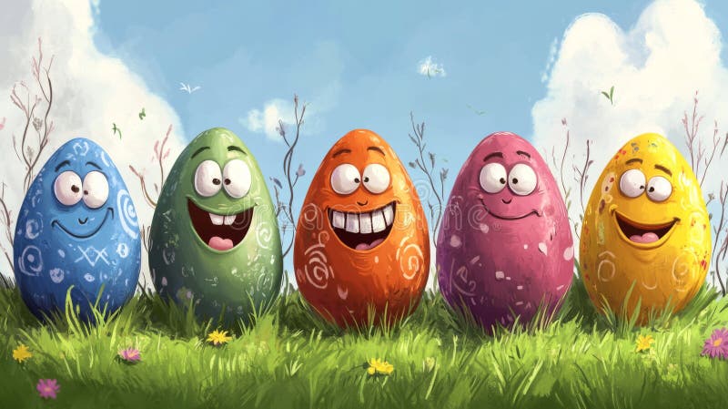 Happy Easter Eggs Smiling in Grassy Field Stock Illustration ...