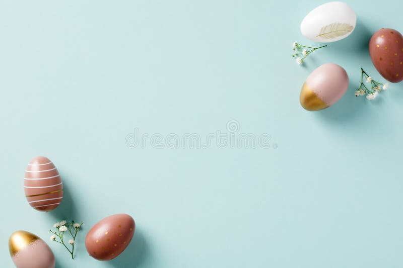 Happy Easter Flat Lay Composition with Easter Eggs and Flowers in ...