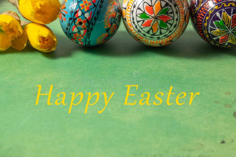 Happy Easter Flat Lay with Early Spring Flowers and Easter Eggs Stock ...