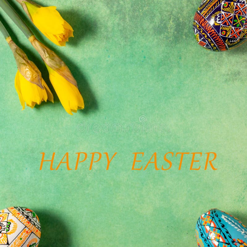 Happy Easter Flat Lay with Early Spring Flowers and Easter Eggs Stock ...