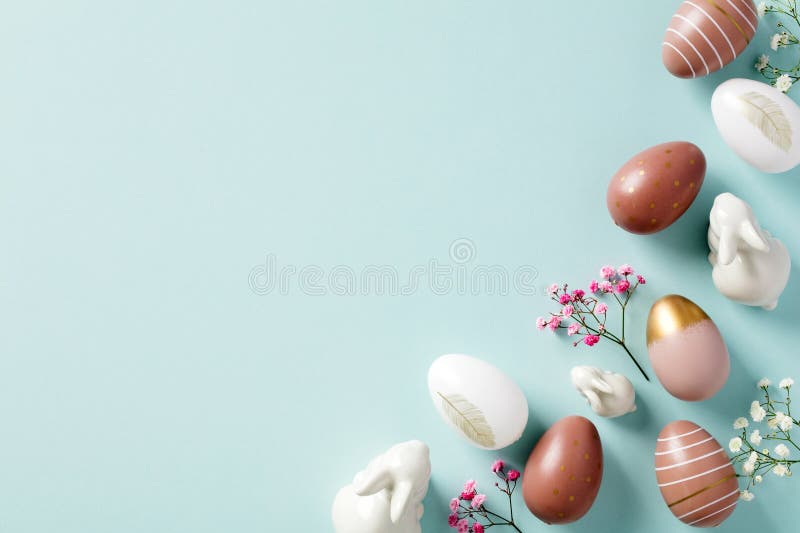 Happy Easter Frame Made of Easter Eggs, Bunnies, Flowers on Light Blue ...
