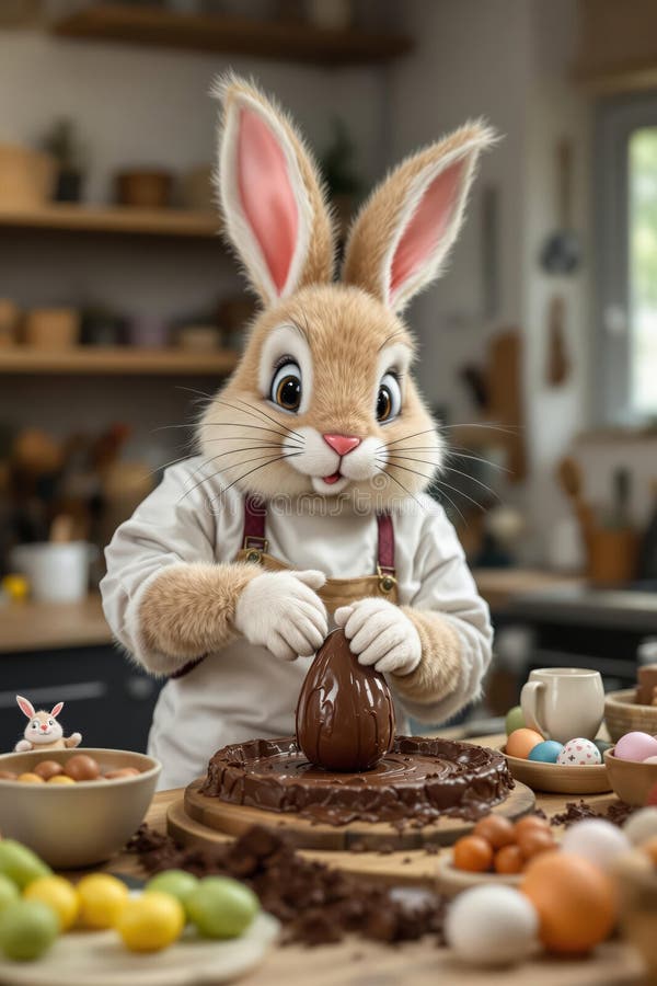 Happy Easter ! Funny Bunny Baker Making Chocolate Egg. Concept of ...
