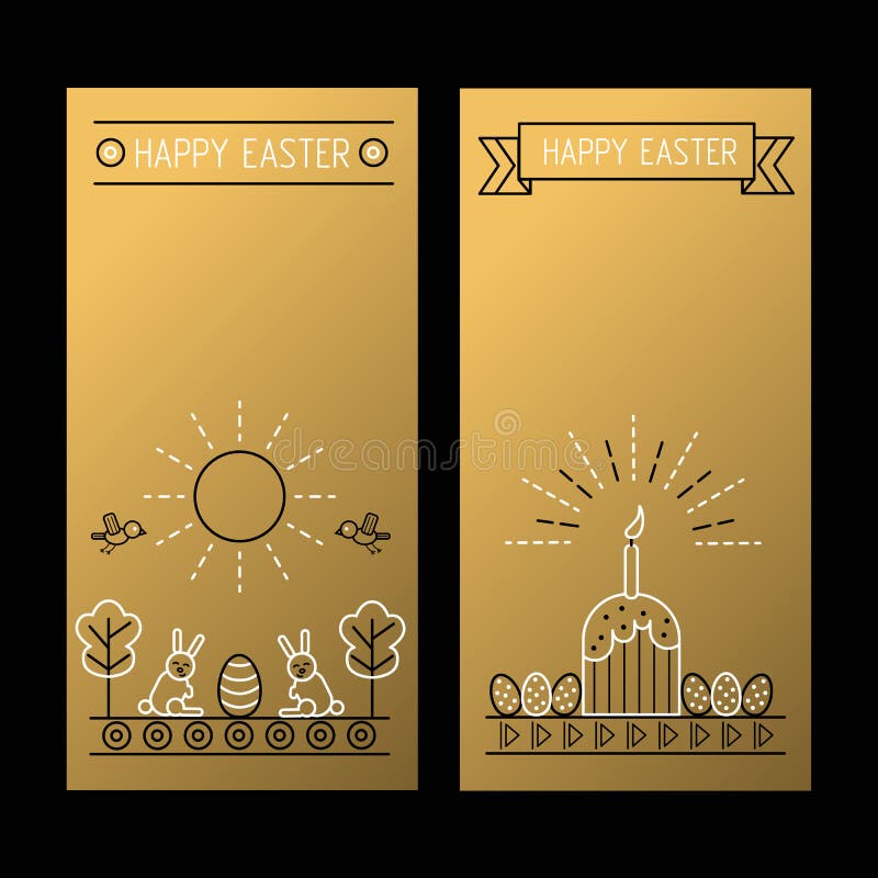 Happy Easter Golden Banners with a Linear Drawing Stock Illustration ...