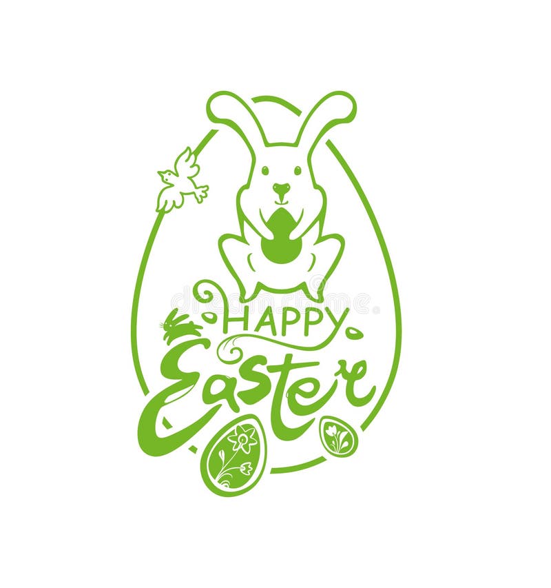 Happy Easter. Green Sticker with Easter Bunny with Gift Egg and Spring ...