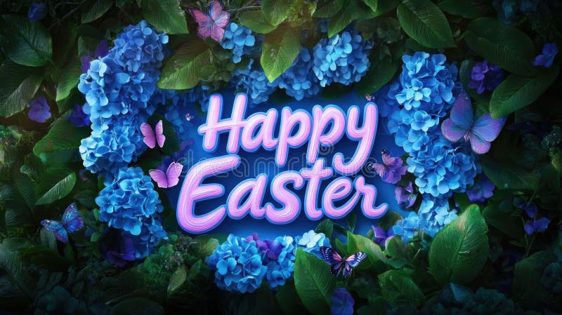 Happy Easter Greeting with Blue Flowers and Butterflies. Happy Easter ...