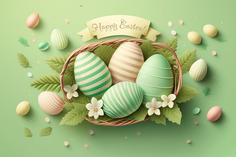 Happy Easter Greeting Card with Basket of Easter Eggs and Flowers ...