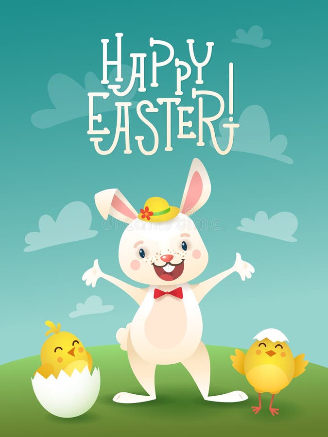 Happy Easter Greeting Card with Bunny and Chicks. White Cute Easter ...