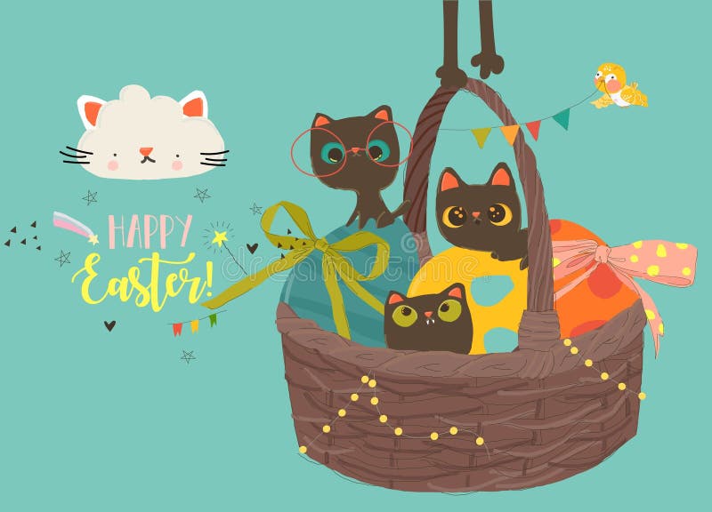 Happy Easter Greeting Card with Cute Cats and Easter Eggs Stock Illustration - Illustration of ...