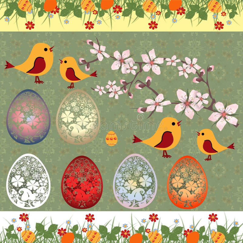 Happy Easter Greeting Card with Egges, Birds and Branch Stock Image ...