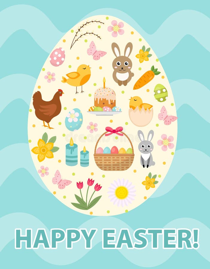 Happy Easter Greeting Card, Flyer, Poster with a Set Icons, Symbols of ...