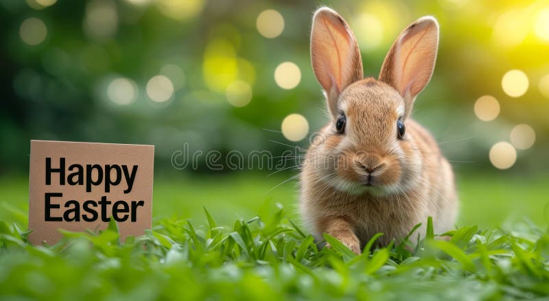 Happy Easter Greeting Card with Funny Little Brown Rabbit. Stock Photo ...