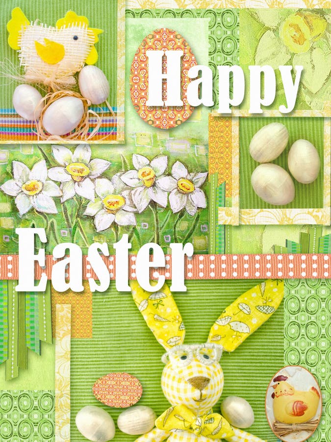 Happy Easter Greeting Card. Holiday Collage with Easter Decorations ...