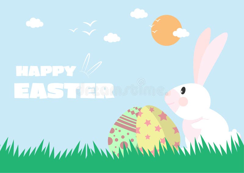 Happy Easter Greeting Card with Rabbit and Easter Eggs on Field Grass ...