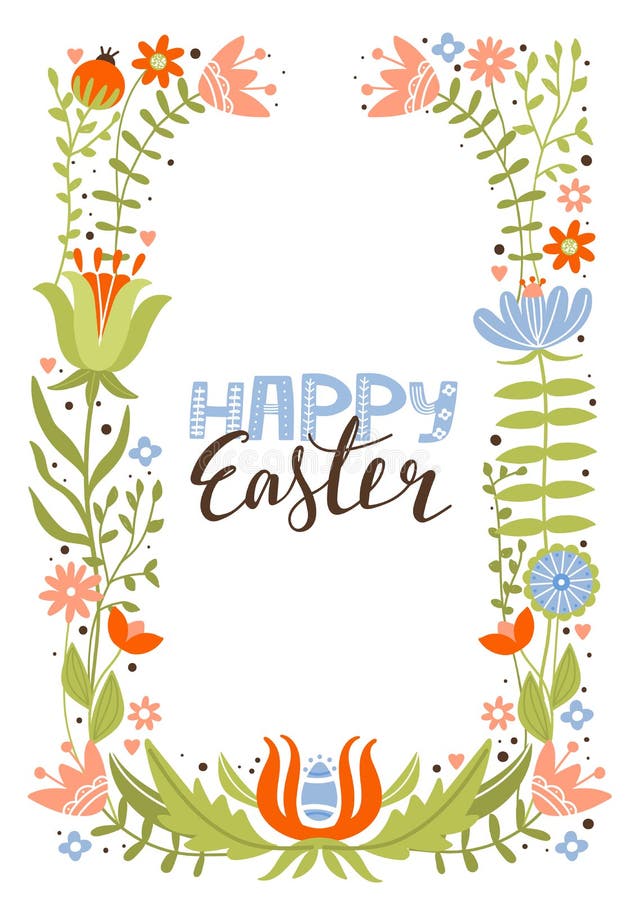 Happy Easter Greeting Card. Spring Floristic Frame Border with Various ...