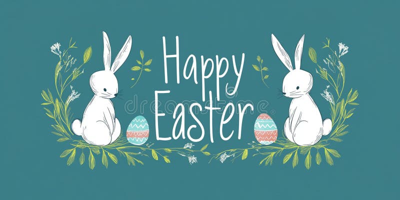 Happy Easter Greeting Card with Two White Rabbits and Botanical ...