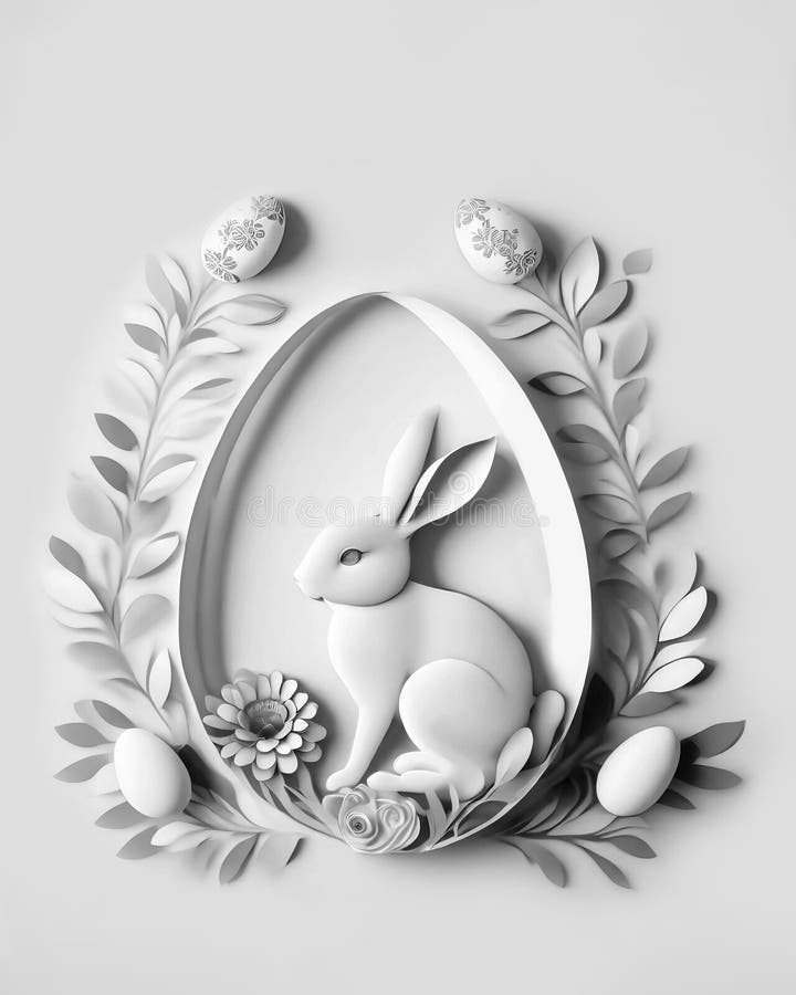 Happy Easter Card. White Paper Cut Easter Bunny, Easter Eggs and Spring ...