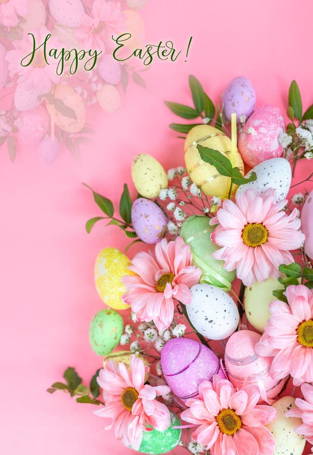Happy Easter Greetings. Flowers and Eggs on a Pink Background Stock ...