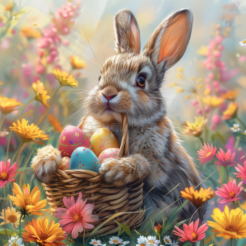 Happy Easter! a Hare Holding a Basket with Colored Eggs. Stock ...