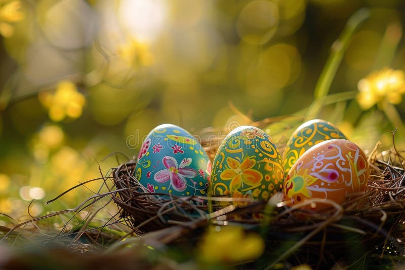 Happy Easter Hop Cones Per Acre Eggs Surreal Basket. White Easter ...