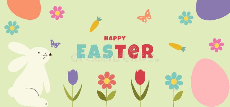 Happy Easter Horizontal Background with Hand-drawn Bunny, Eggs and ...