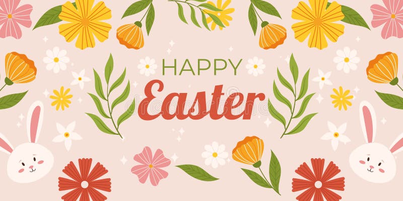 Happy Easter Horizontal Background Template. Design with Cute Bunny ...