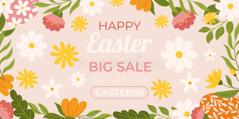 Happy Easter Horizontal Background Template. Design with Hand Painted ...