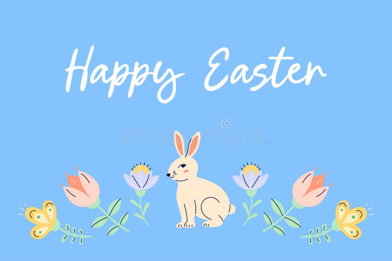 Happy Easter Horizontal Banner with Bunny and Flowers on Blue ...
