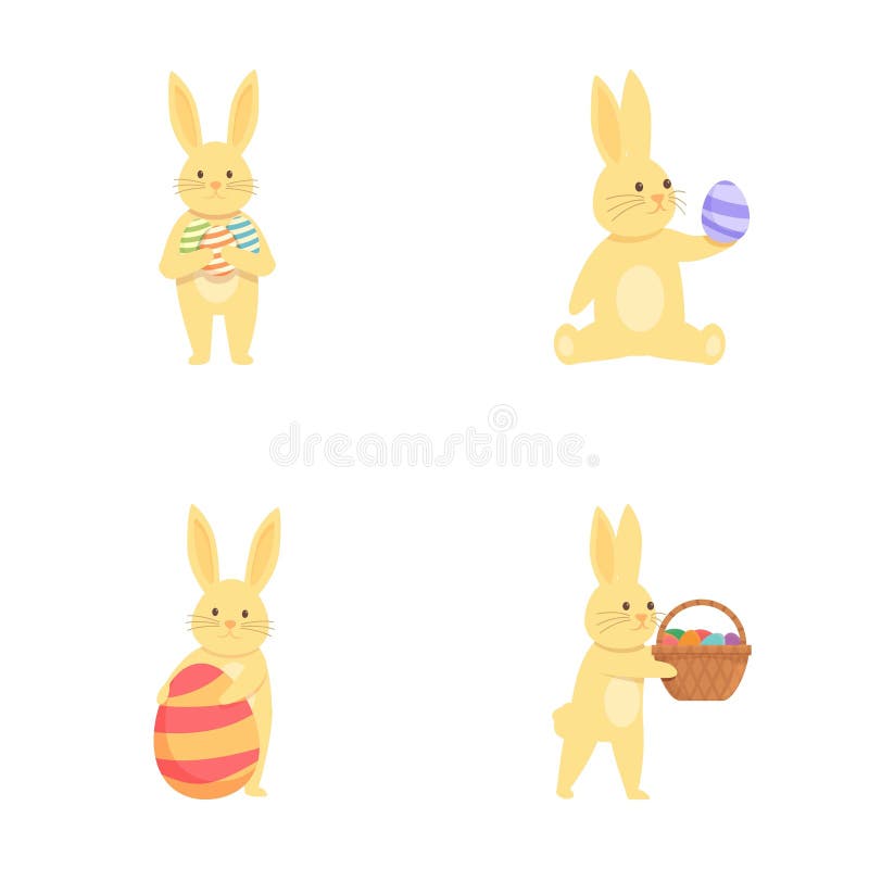 Happy Easter Icons Set Cartoon Vector. Cute Rabbit and Easter Egg Stock ...