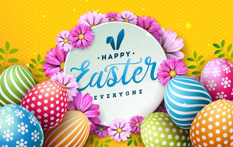 Happy Easter Illustration with Colorful Painted Egg and Spring Flower on Yellow Background ...