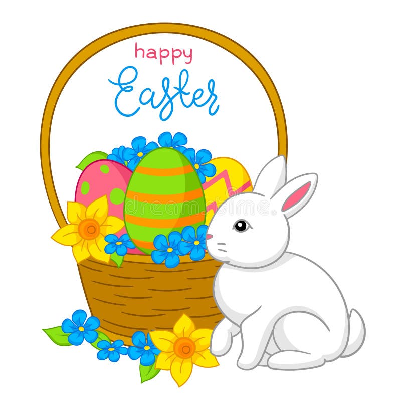 Happy Easter Illustration Cute Bunny Eggs And Flowers For Traditional