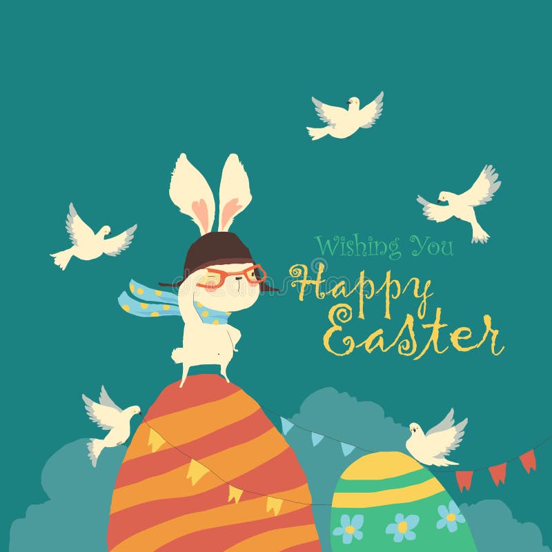 Happy Easter Illustration with Cute White Bunnies, Easter Eggs and ...