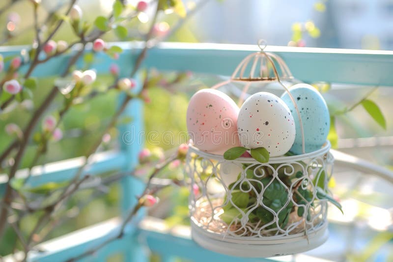 Happy Easter Illustration Process Eggs Easter Egg Decorating Basket. White Lawn Bunny Pine ...